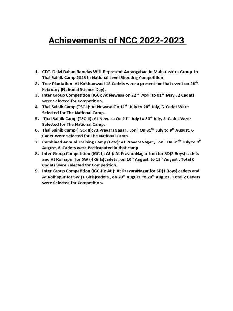Achievements of NCC 2022 | PDF