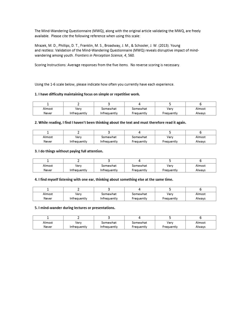 Mind-Wandering Questionnaire | PDF | Mind Wandering | Attention Deficit ...
