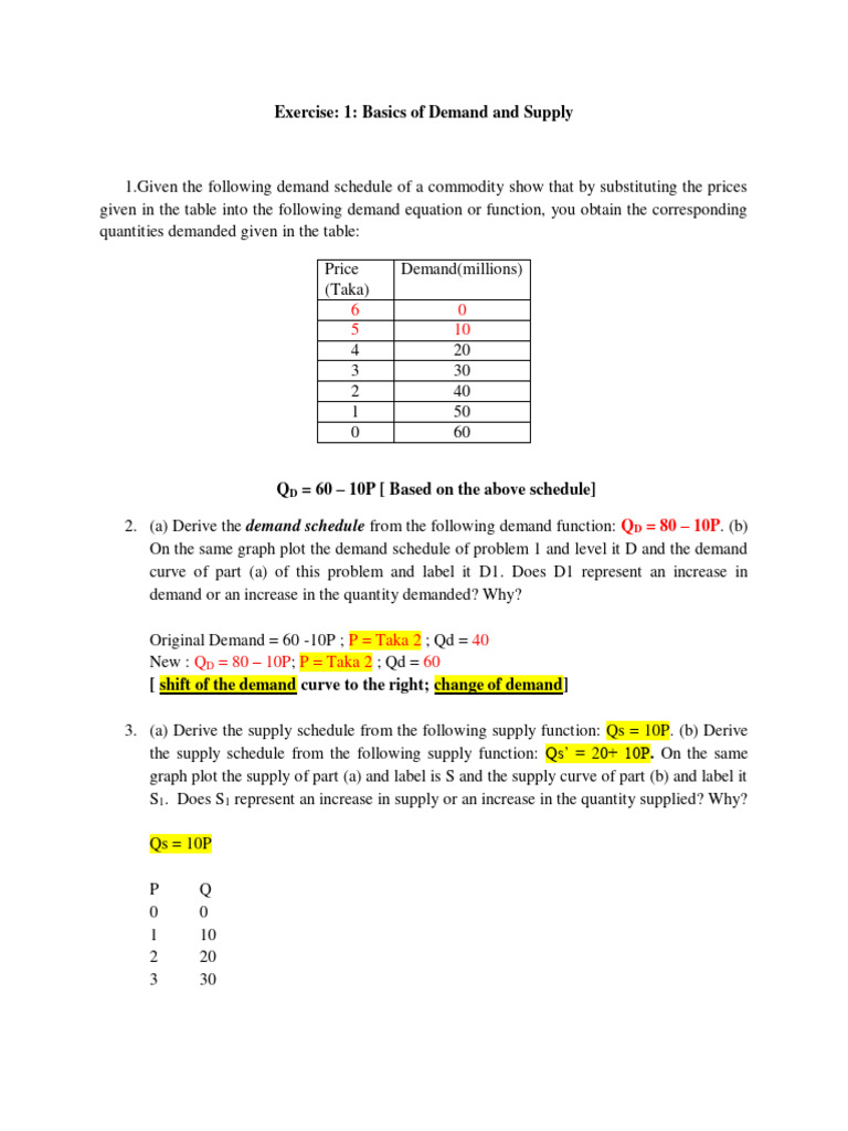 Demand and Supply Exercises Overview | PDF | Demand | Supply (Economics)