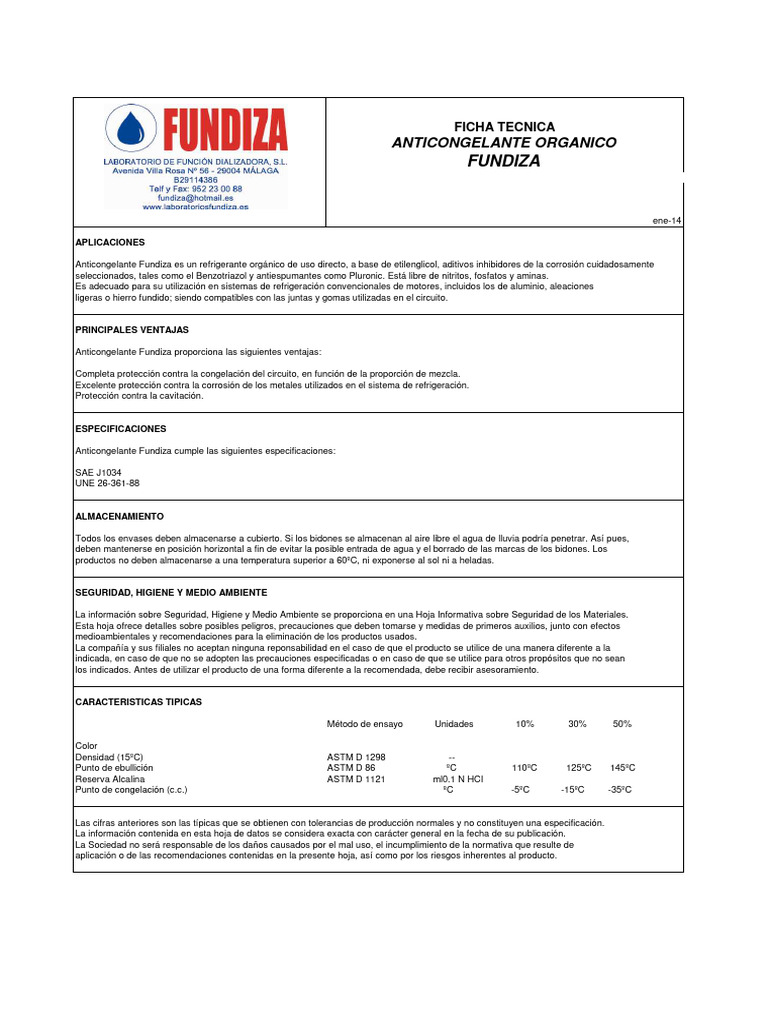 Ficha Tecnica Anticongelante | PDF | Materiales | Química