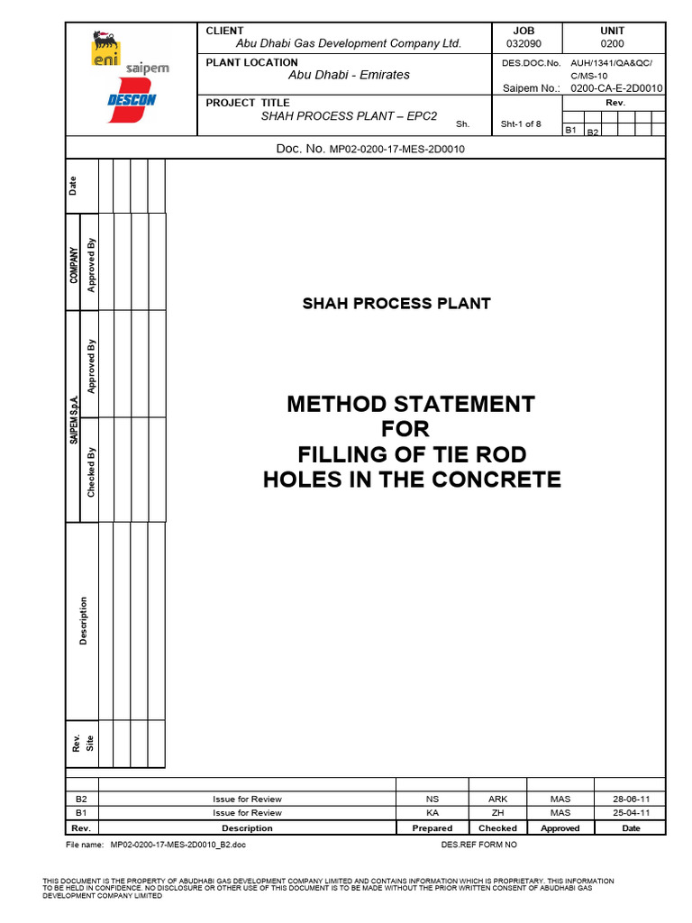 Tie Rod Hole Filling Method Statement | PDF | Quality Assurance ...
