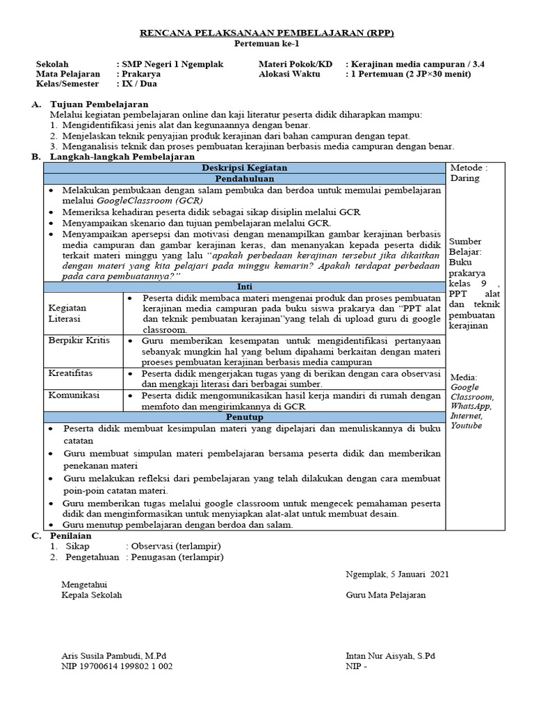 Rencana Pelaksanaan Pembelajaran (RPP) | PDF