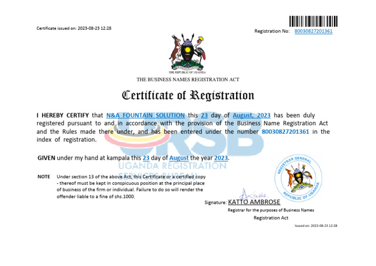 Business Name Registration Certificate | PDF