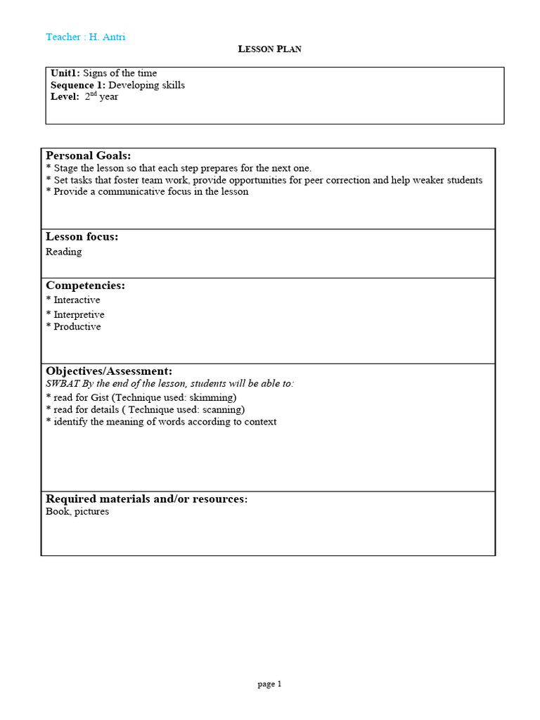 Reading 2 Lesson Plan (Sings of The Time) | PDF | Lesson Plan | Learning