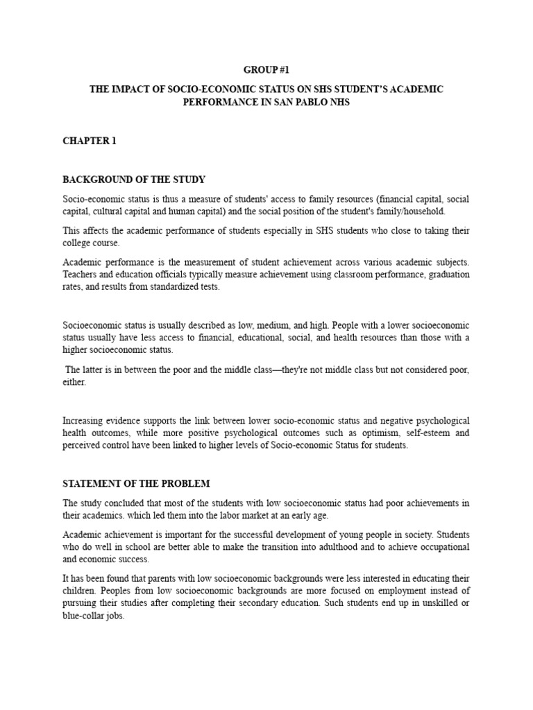 Socioeconomic Status and SHS Performance in San Pablo | PDF ...