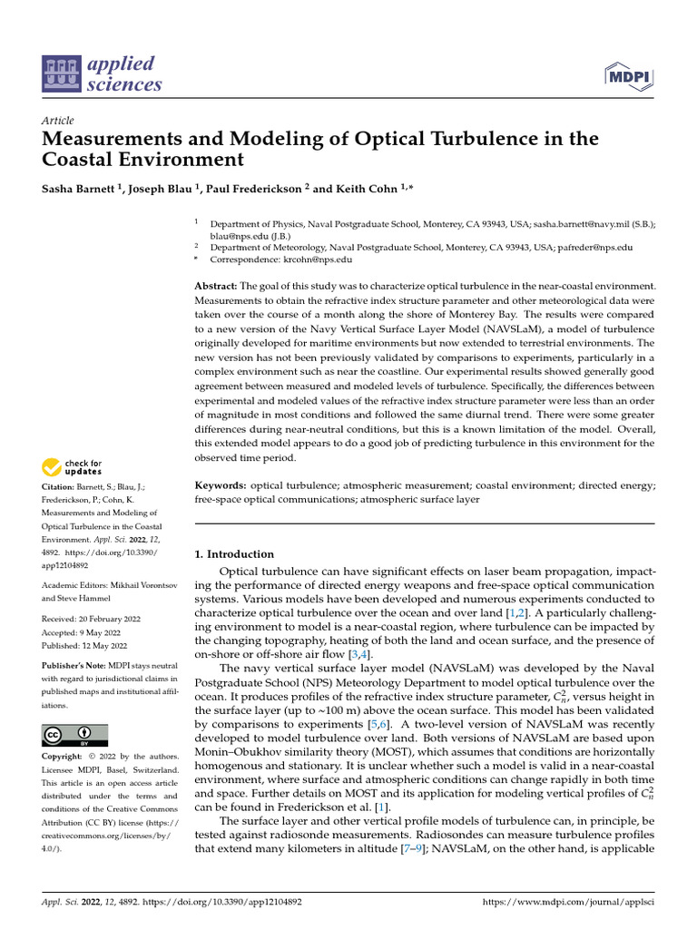 Measurements and Modeling of Optical Turbulence in The Coastal ...