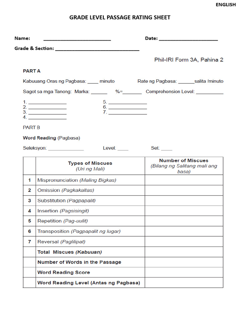 Grade Level Passage Rating Sheet | PDF