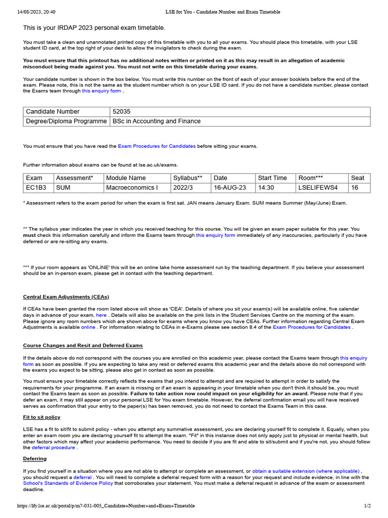 LSE For You - Candidate Number and Exam Timetable | PDF | London School ...
