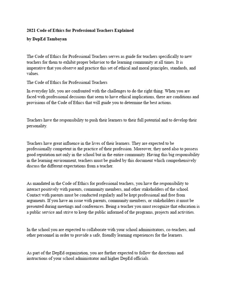 DepEd Code of Ethics for Teachers Explained | PDF | Teachers | Learning