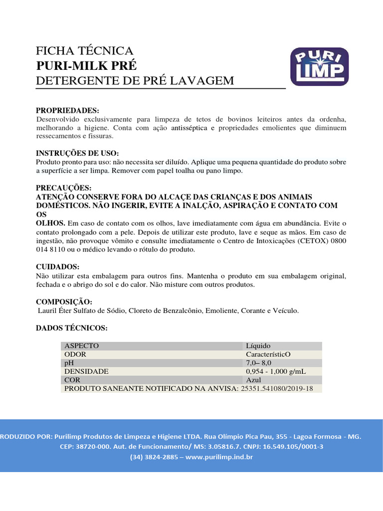 Ficha Técnica Puri-Milk Pré | PDF