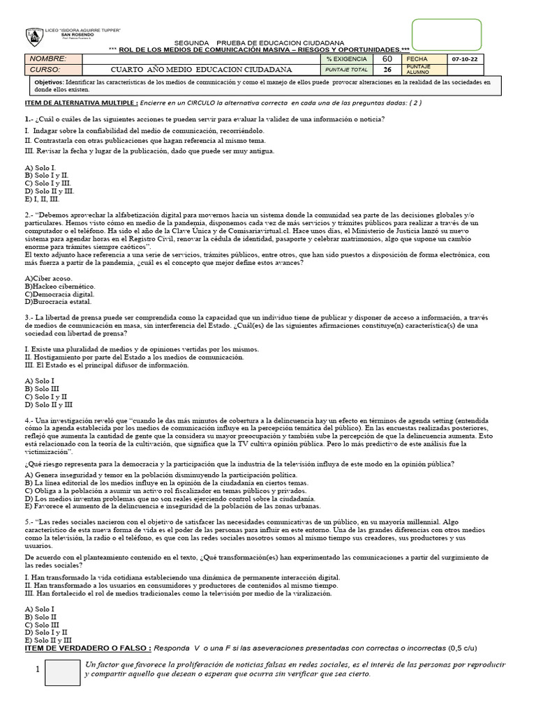 Segunda Prueba Segundo Semestre Rol de Los Medios de Comunicacion en ...