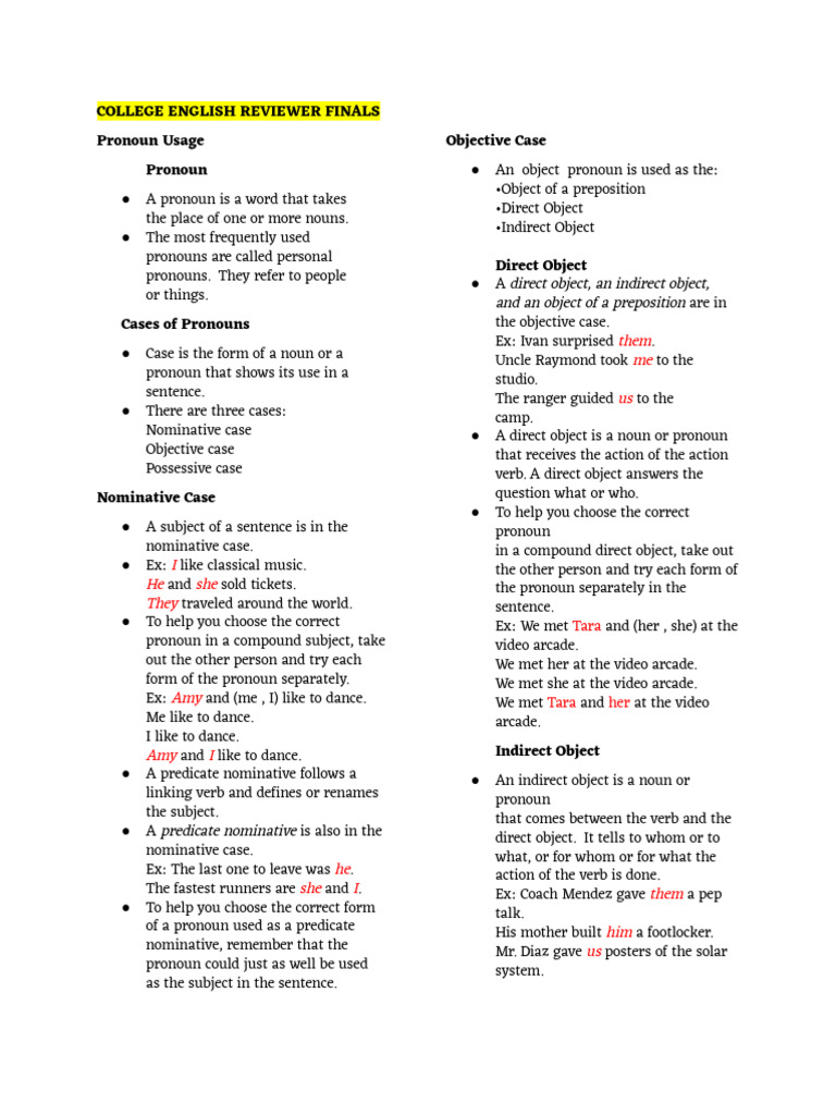 College English Reviewer Guide | PDF | Verb | Subject (Grammar)