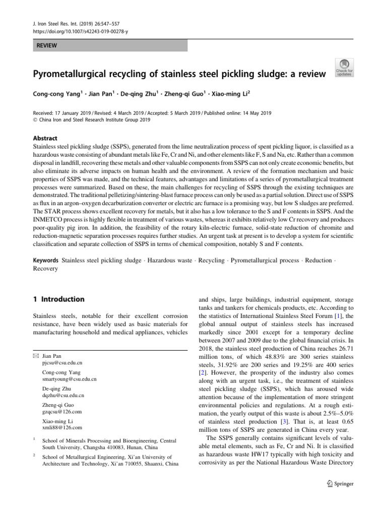Pyrometallurgical Recycling of Stainless Steel Pickling Sludge. A ...