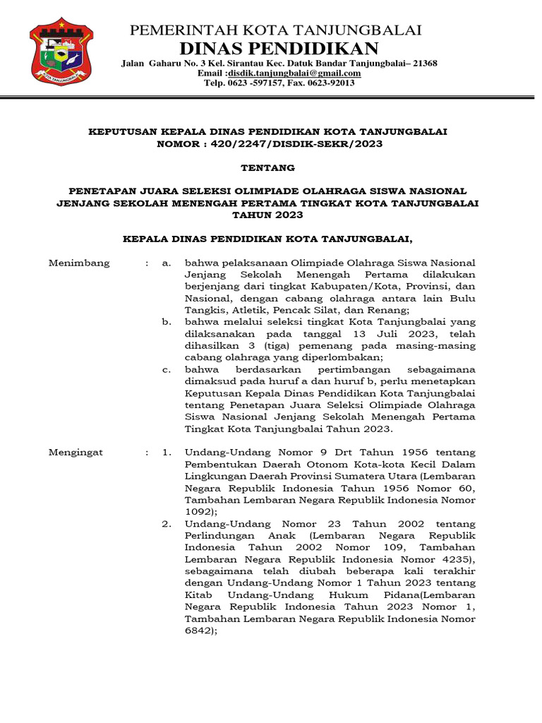 SK Penetapan Juara O2SN SMP 2023 | PDF