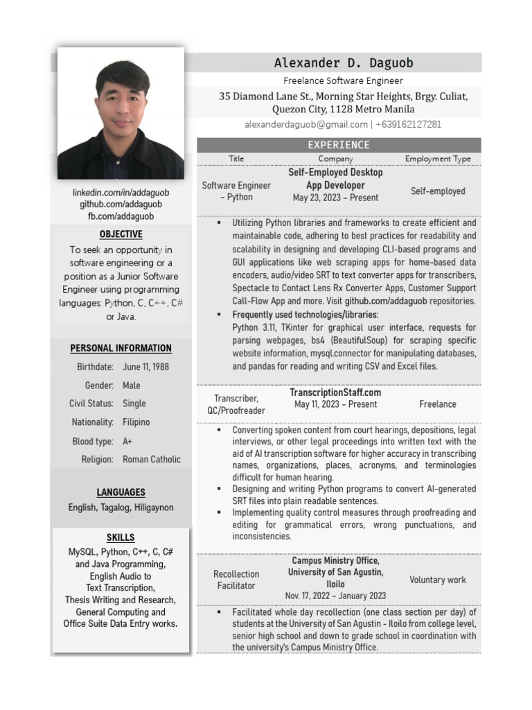 CV Alexander D Daguob-2023-09-11 | PDF | Application Software | Python ...