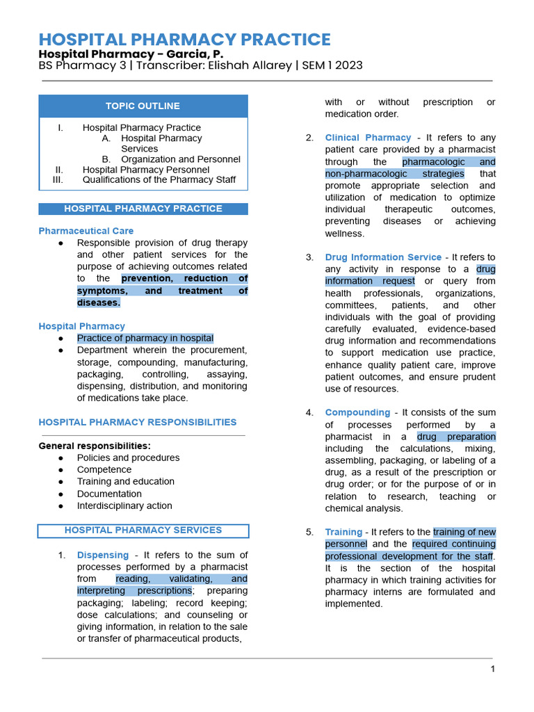 Hospital Pharmacy Practice - Prelim Notes - Hospital Pharmacy | PDF ...