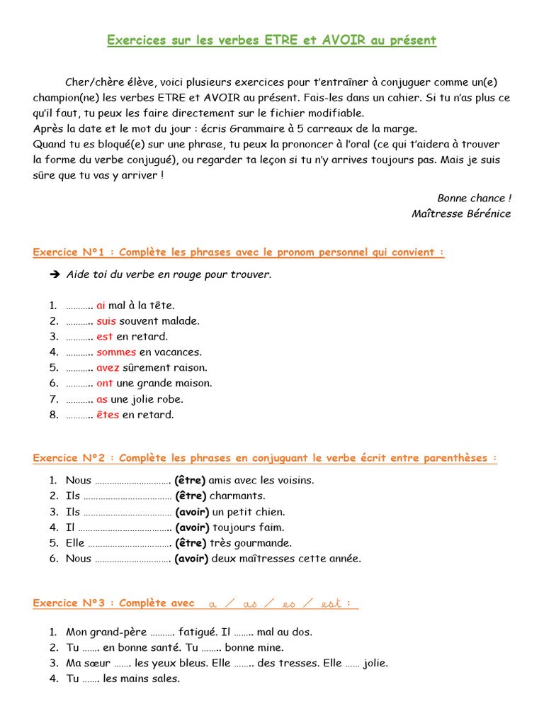Ce1-Exercices Sur Les Verbes Etre Et Avoir Au Present | PDF | Grammaire ...