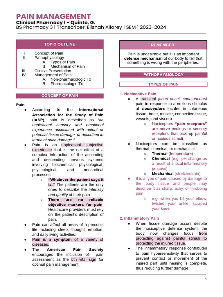 Pain Management - Prelim Notes - Clin Phar 1 | PDF | Pain | Analgesic