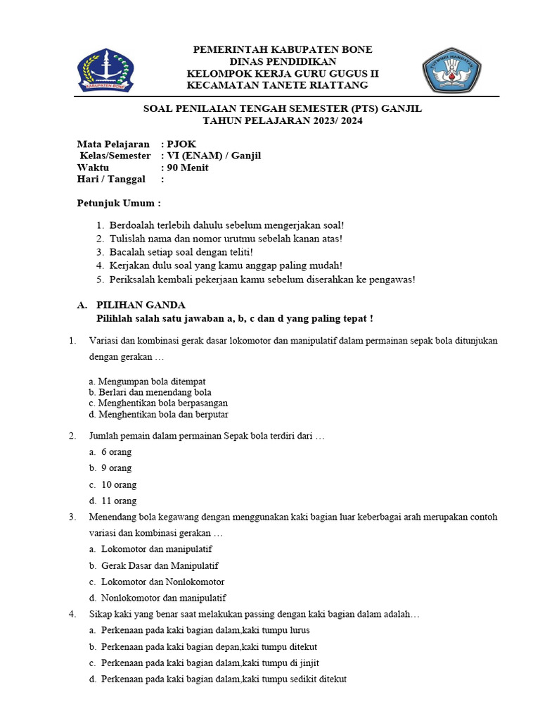 Soal PTS Kelas 6 Semester 1 2023-2024 K13 | PDF | Olahraga & Rekreasi
