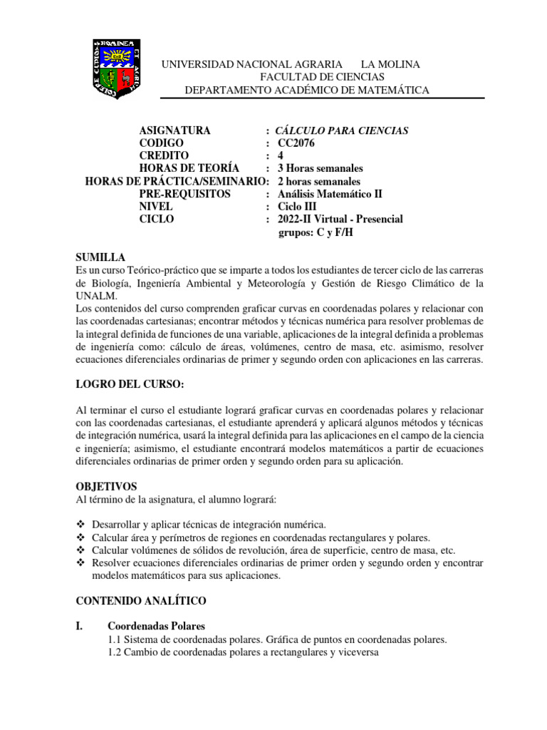 Cálculo para Ciencias en UNALM | PDF | Ecuaciones | Integral