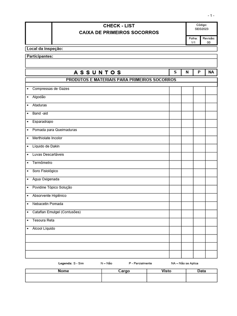 CheckList - Caixa de Primeiros Socorros | PDF