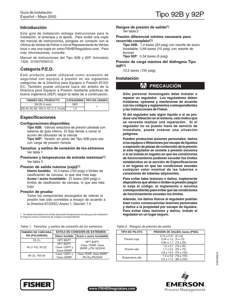 Installation Guide 92b 92p Fisher Es 139566 | PDF | Tornillo | Presión