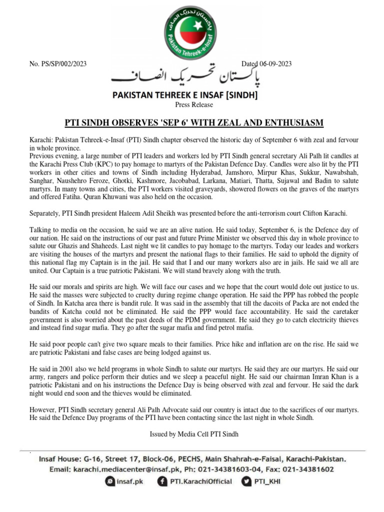 PRESS RELEASE PTI SINDH Eng | PDF | Pakistan | Politics Of Pakistan