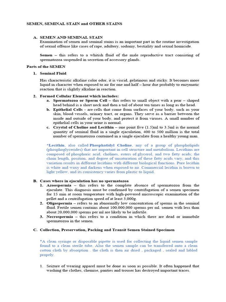 Topic 3. SEMEN SEMINAL STAIN and OTHER STAINS | PDF | Semen | Staining