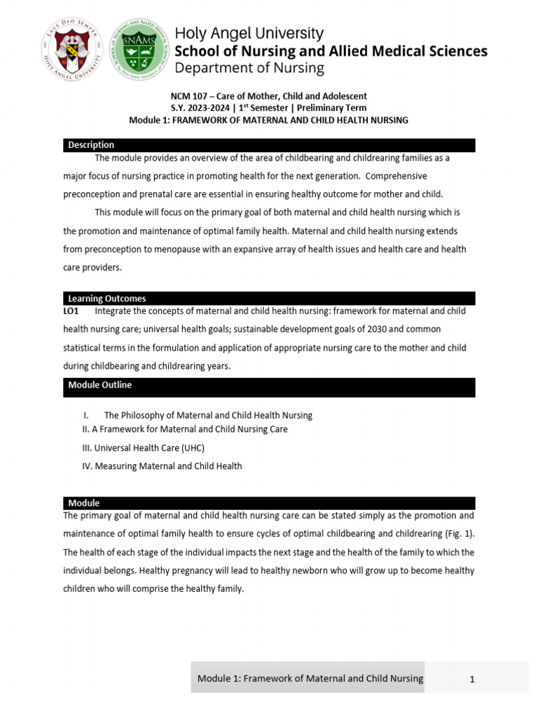 Module 1 - Framework of Maternal and Child Health Nursing 2023 | PDF | Childbirth | Pregnancy