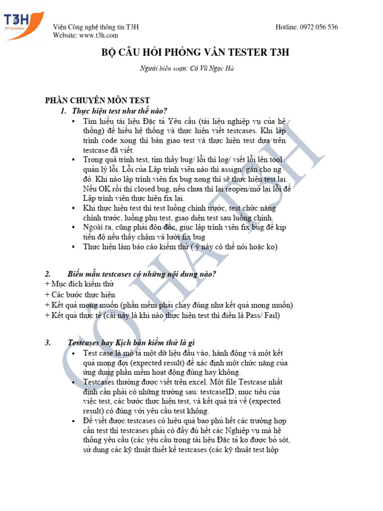 Bộ câu hỏi PV Tester T3H - Cô Hà | PDF