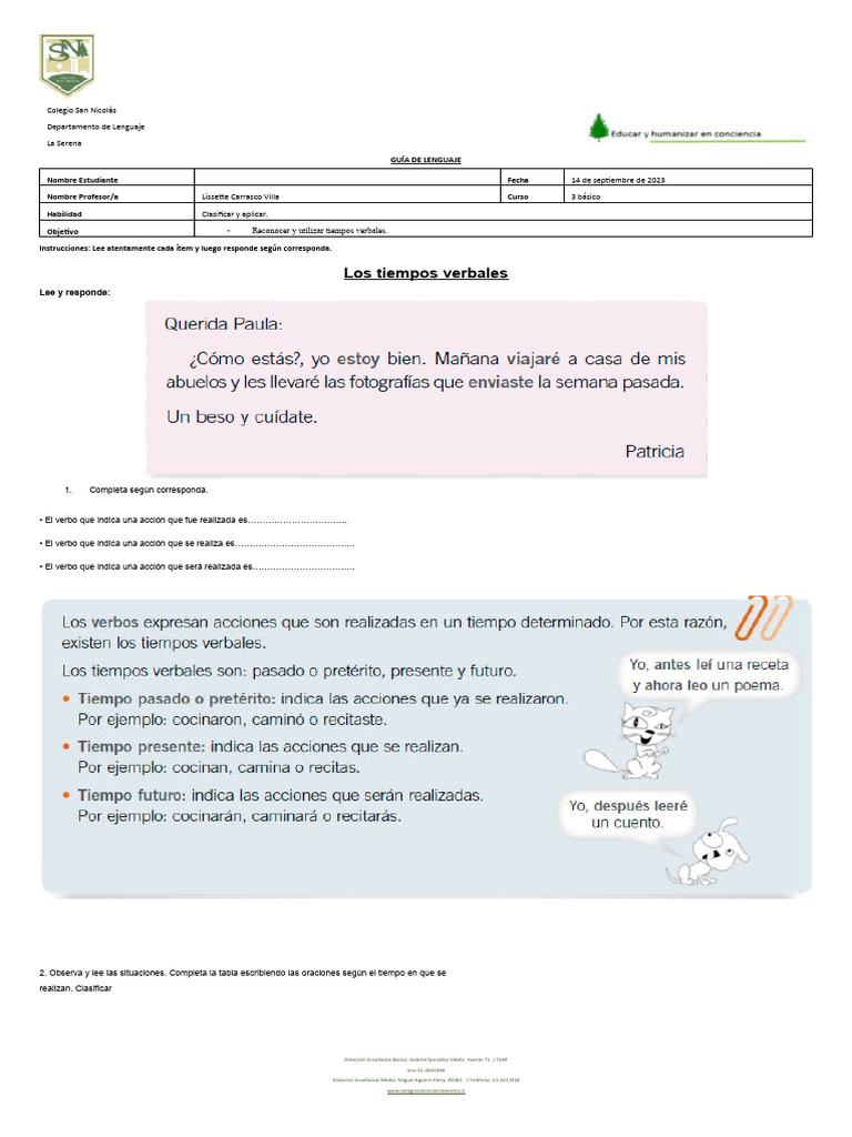 Guía de Tiempos Verbales 3° Básico | PDF | Verbo | Mecánica del lenguaje