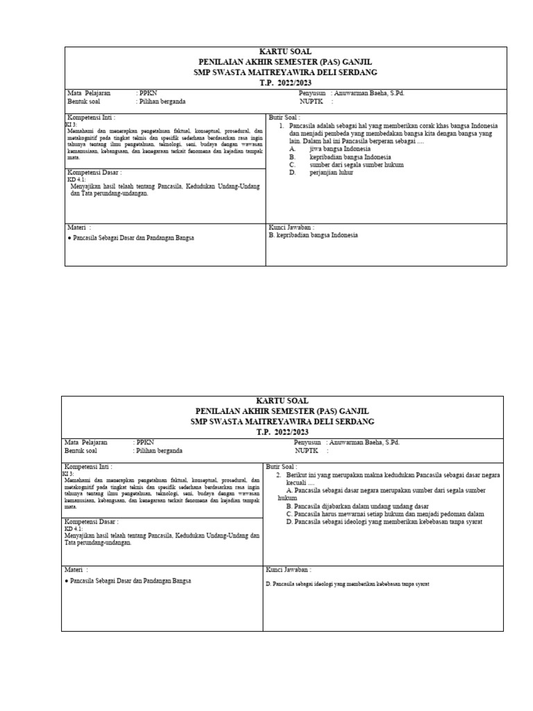 PPKN Kelas Viii - Kartu Soal - Pas Genap | PDF
