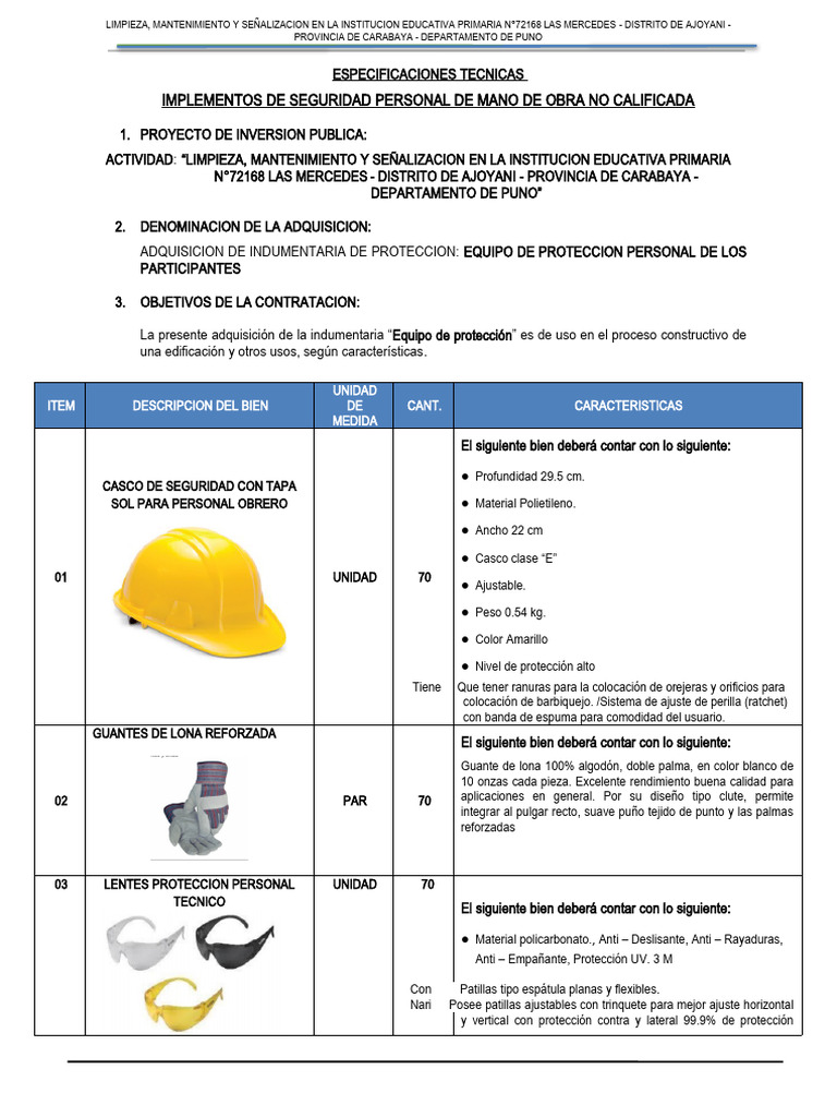 Especificaciones Epp Obrero | PDF | Materiales