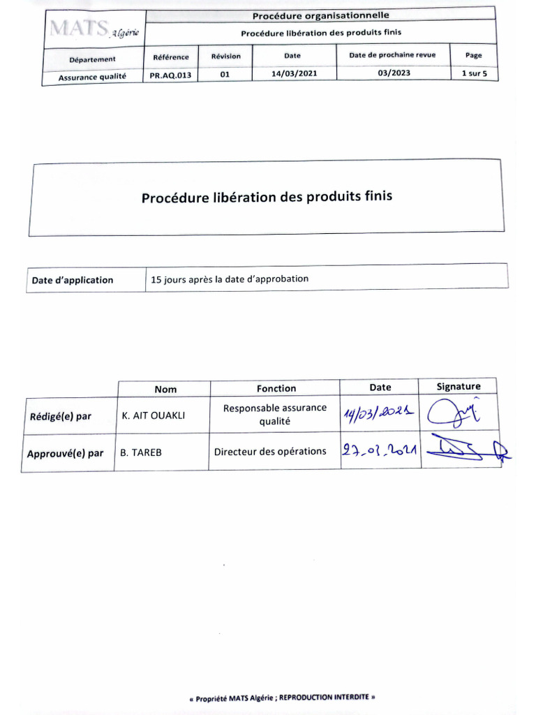 Procédure Libération Des Produits Finis | PDF