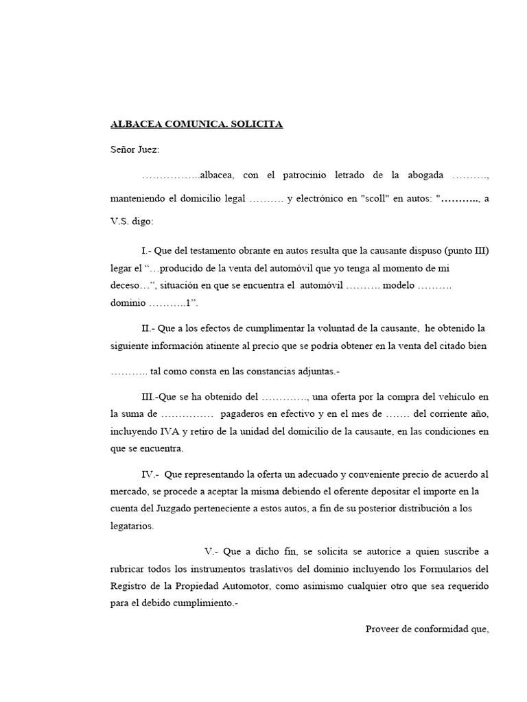 Modelo Albacea Venta Auto Sucesion Testamentaria | PDF