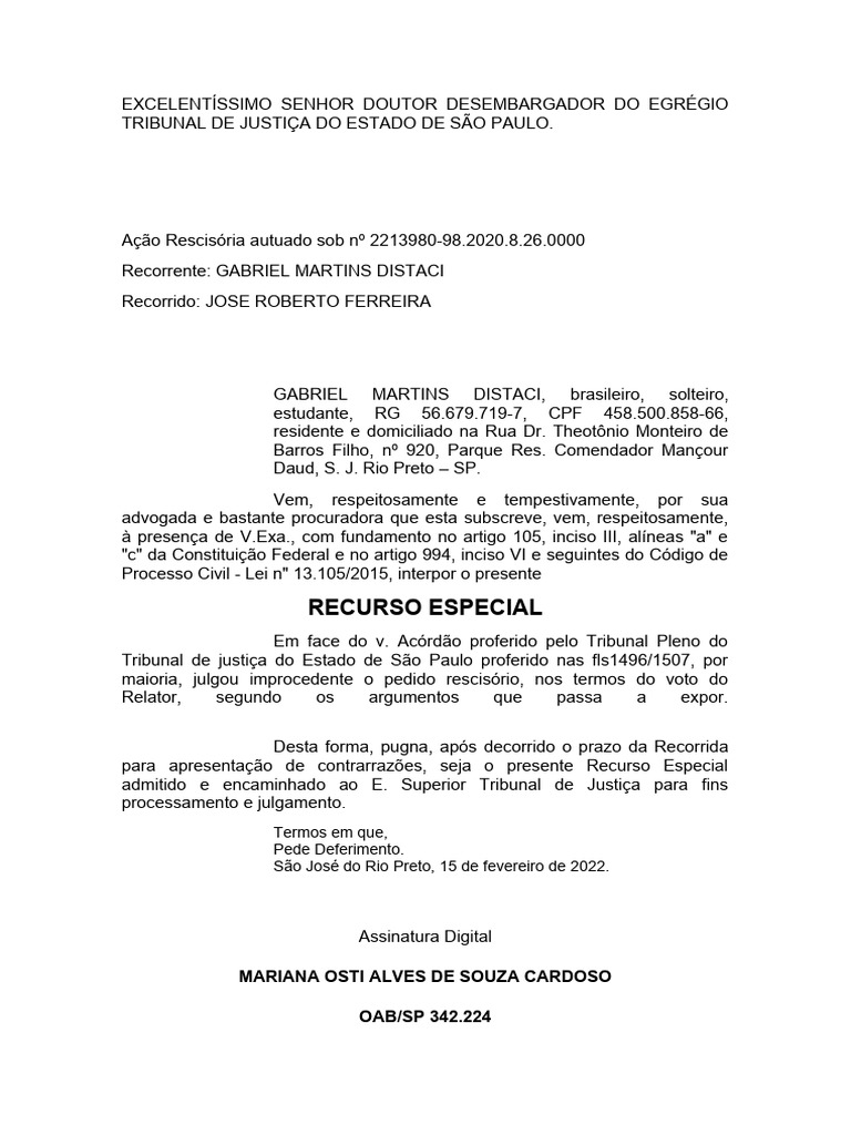Modelo de Peca Recurso Especial | PDF | Indenização | Sentença (jurídico) Modelo de Peca Recurso Especial | PDF | Indenização | Sentença (jurídico)