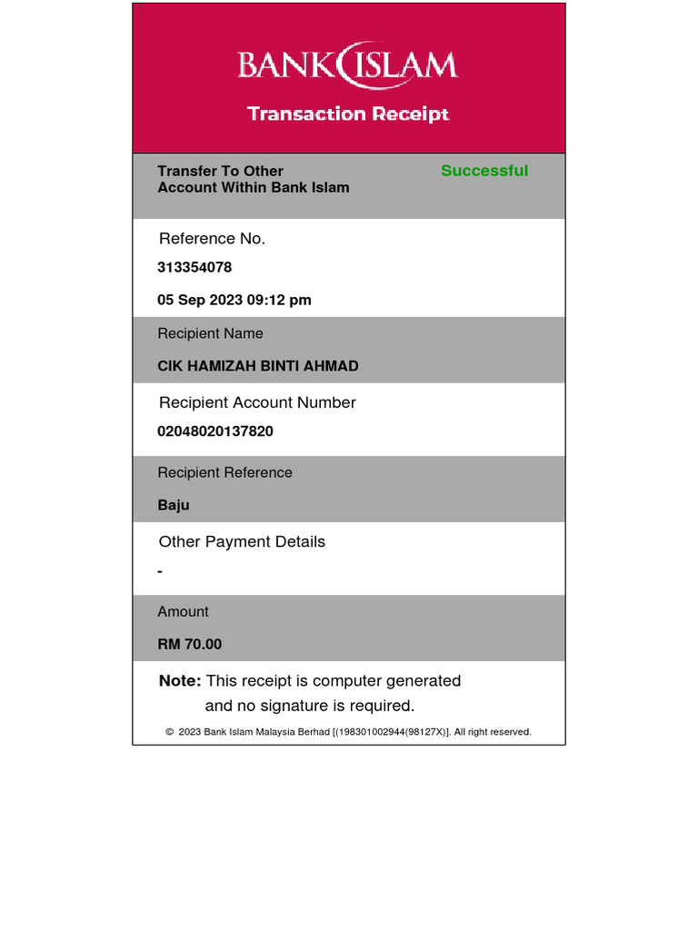 Bank Islam Transfer Receipt | PDF