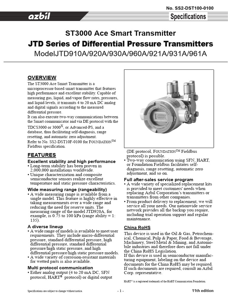 JTD Series of Differential Pressure Transmitters: Modeljtd910A/920A ...