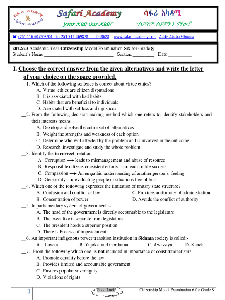 Citizenship Model Examination 6 For Grade 8 | PDF