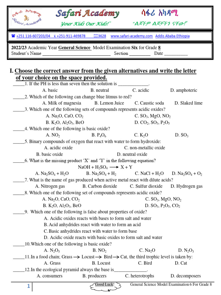 General Science Model Examination 6 For Grade | PDF