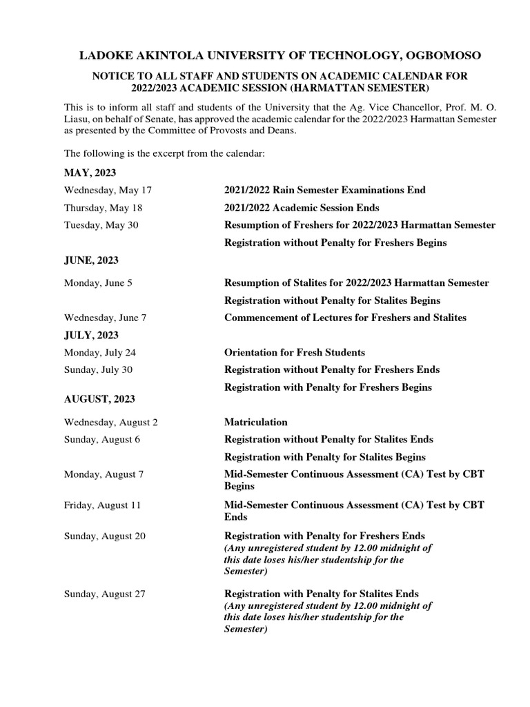 2022/2023 Harmattan Semester Calendar | PDF | Academic Term | Social ...