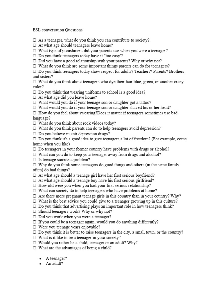ESL Conversation Questions | PDF | Adolescence | Human Life Stages