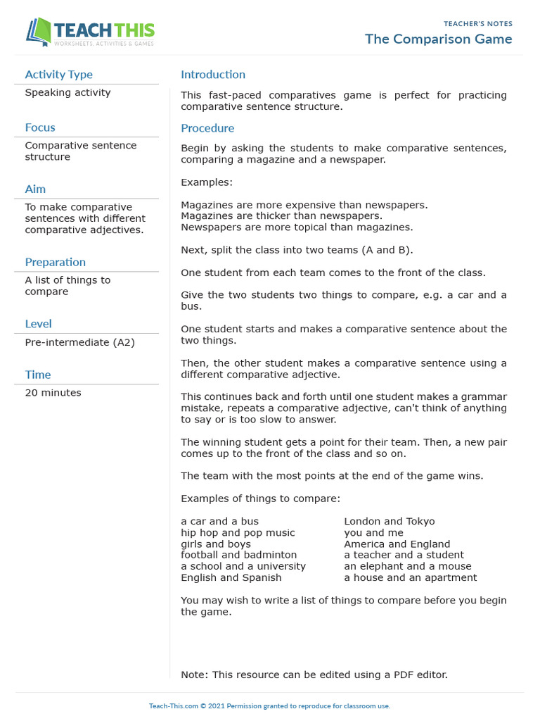 The Comparison Game | PDF | Languages | Foreign Language Studies The Comparison Game | PDF | Languages | Foreign Language Studies