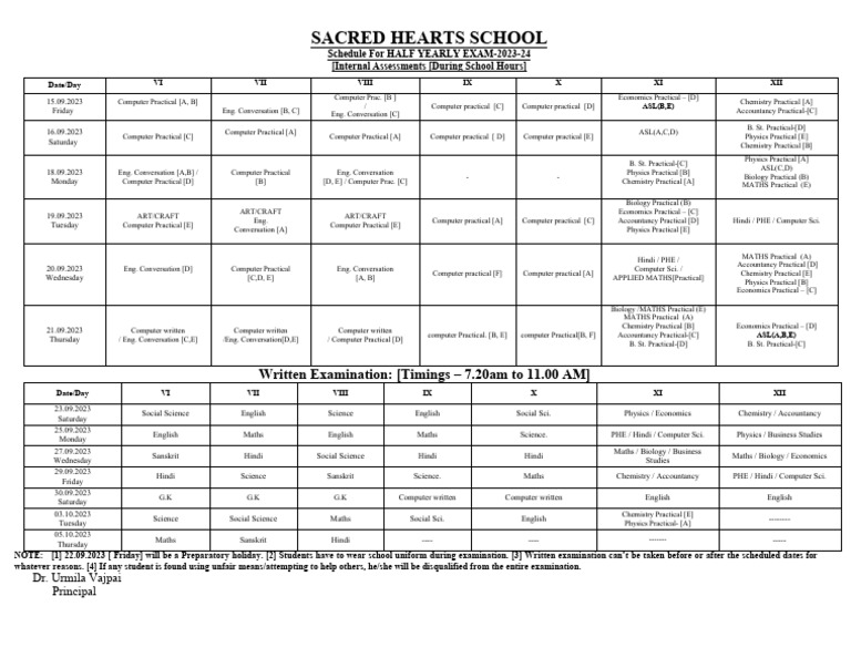 Half Yearly Date Sheet - Vi To Xii-1 | PDF | Science