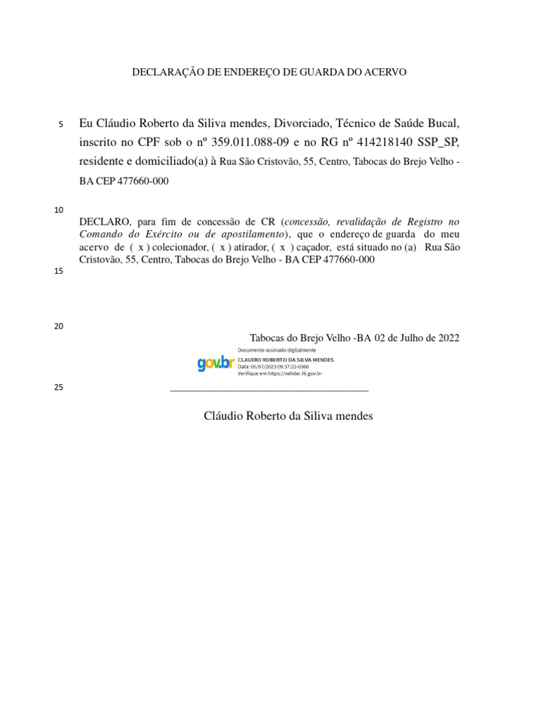 Claudio DECLARACAO DE ENDERECO DE GUARDA DO ACERVO Assinado | PDF