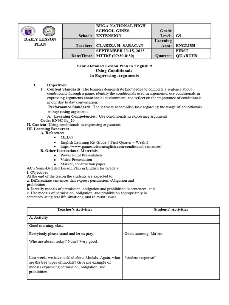 Lesson Plan G9 Week 2 | PDF | Argument | Learning