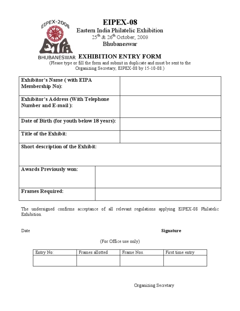 Philatelic Exhibition Entry Form | PDF