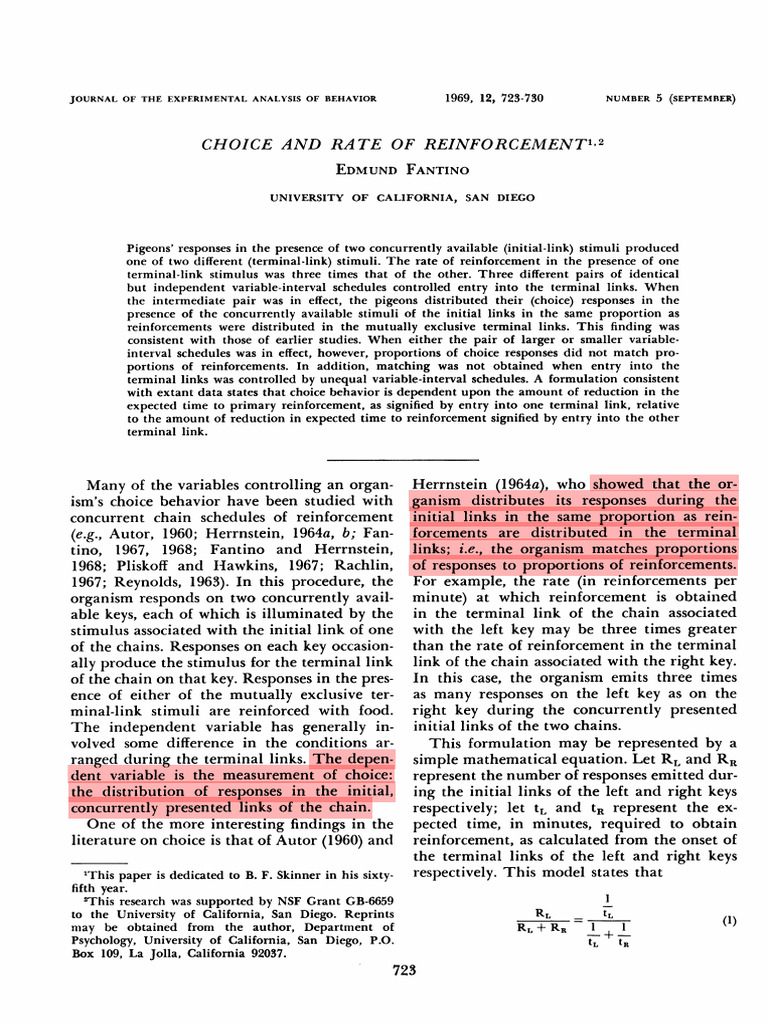 Fantino - 1969 - Choice and Rate of Reinforcement | PDF | Reinforcement | Psychological Schools