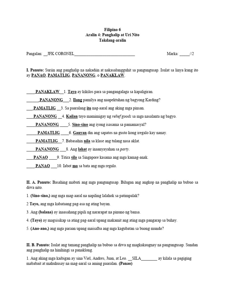 Aralin 4-Takdang-Aralin Sa Panghalip at Mga Uri Nito-1 | PDF