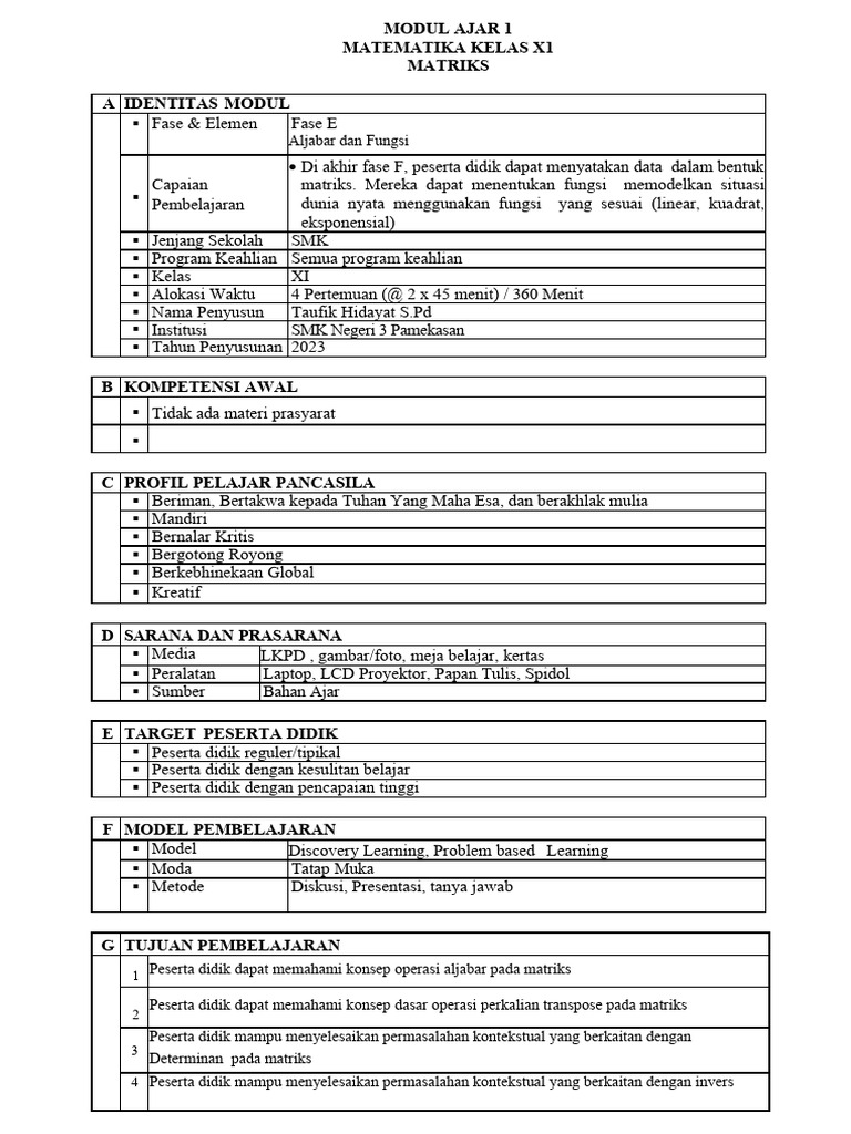 Modul Ajar Matriks | PDF